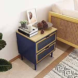 2 Drawer Nightstand, Large Bed Side Table with Storage Drawers and Golden Legs, Modern End Table Living Room Dorm, Blue and Gold Accent Table Cabinet with Wood Top for Bedroom