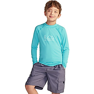 TSLA Boys UPF 50+ Rash Guard Long Sleeve, UV Sun Proctection Water Swim Shirts, Surf Swimwear Swimsuit Top, Vacation Aqua, 14