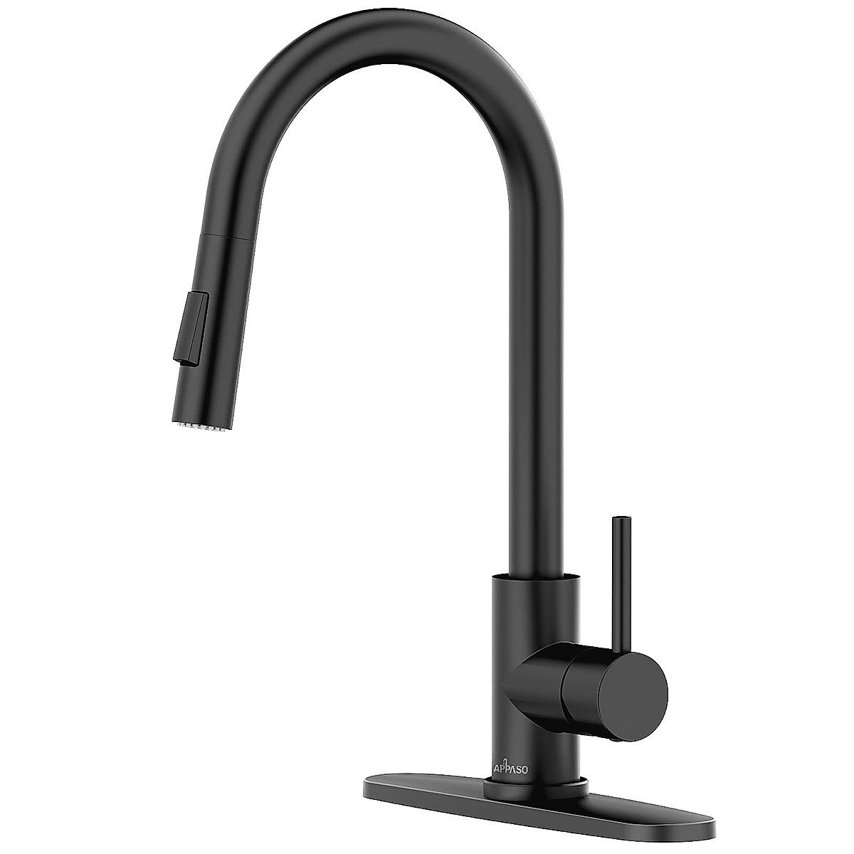 APPASO Black Kitchen Faucet, Modern Kitchen Faucet with Pull Down Sprayer Matte Black, Single-Handle High Arc Gooseneck Modern Kitchen Sink Faucet with Deck Plate