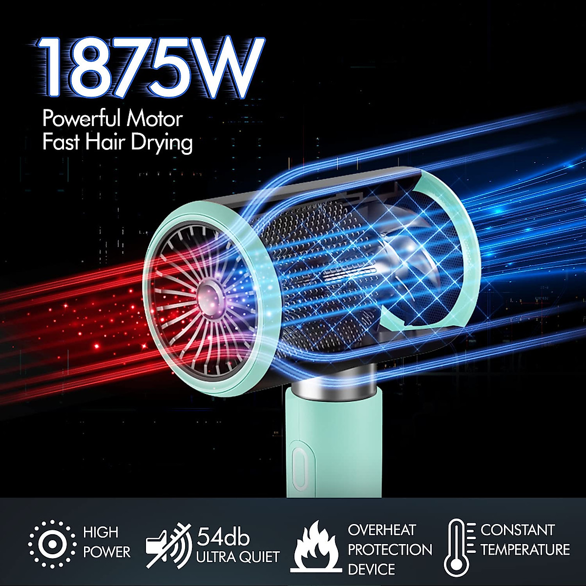 FAVIRZCE Hair Dryer, Portable Ionic Blow Dryer with Diffuser and Concentrator Nozzle, Fast Drying without Hair Damage, Low Noise, Lightweight Travel Hair Dryer, 3 Temps, Mint Green