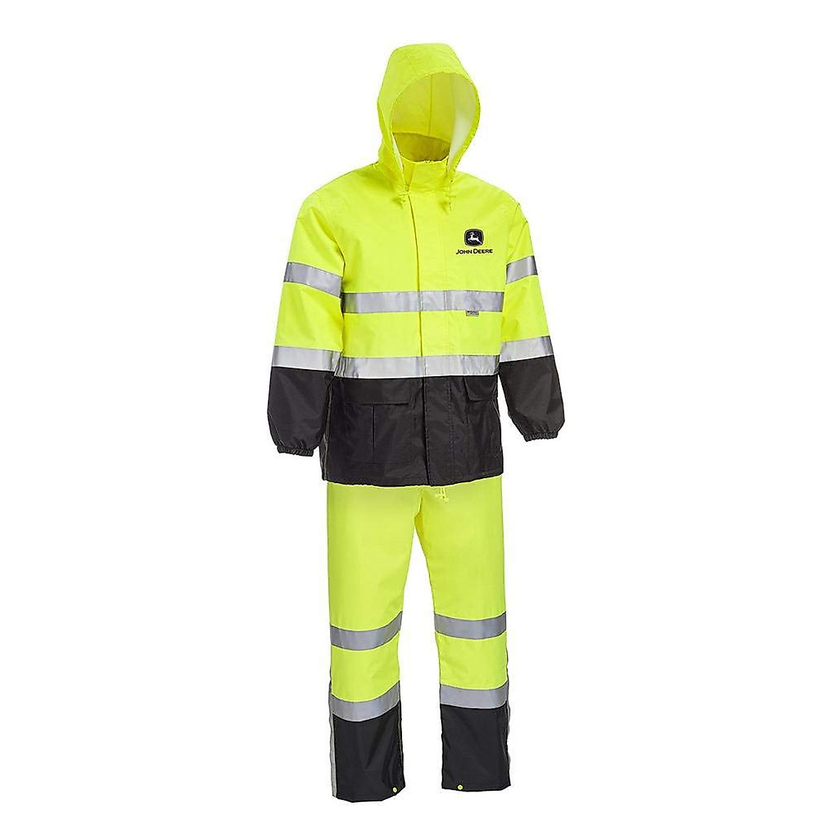 John Deere Unisex High Visability ANSI Class III Rain Suit Jacket and Bib with Color Block, High Visability, Water Resistant, and Reflective 3M Tape, Yellow, Black, 2X-Large (JD44530/2XL)