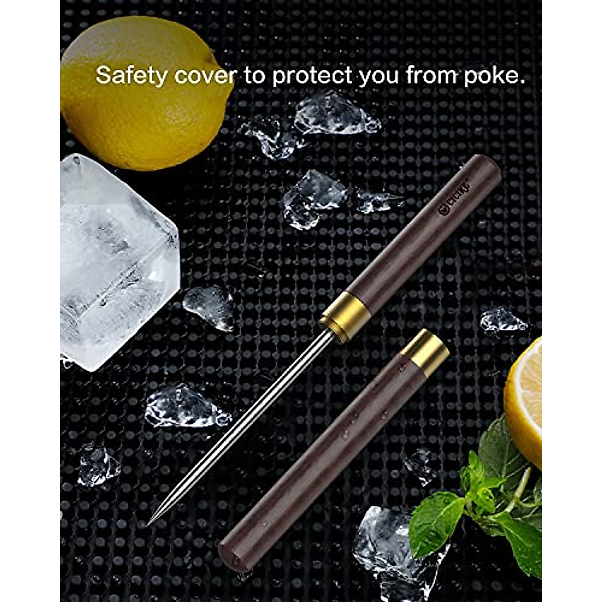 Stainless Steel Ice Pick with Safety Cover, Pick Tool for Breaking Ice, Non-slip Wooden Handle for Easy to Grip, 9 Inches Length