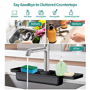 Silicone Faucet Splash Guard Kitchen Sink Splash Guard Upgraded Faucet Water Catcher Tray - 15.75” x 5.5''x2” - Sink Sponge Holder for Kitchen, Bathroom(Black)