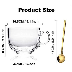 YAMSH Large Clear Glass Coffee Mugs Set of 2,14.8 oz(440ml)-Wide Mouth Tea Cups with Handle and Spoon Transparent Drinking for Cappuccino Cups, Latte, Milk color 4 Piece