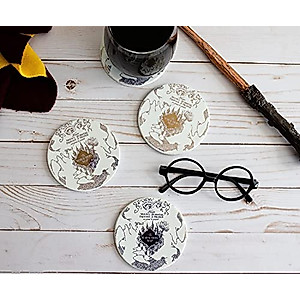 Harry Potter Coasters, Set of 4 Marauders Map Ceramic Coaster Set â€“ Protect Tables from Drink Cups and Glasses â€“ Perfect Harry Potter Gifts for Women and Men â€“ White with Gold Plated Design