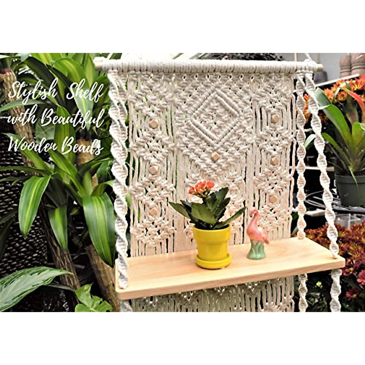 Macrame Wall Hanging Shelf-ideal décor-plants storage bookshelf-Bohemian Decorative Shelves-Boho Floating Indoor Shelving–For bedroom kitchen bathroom room with window Plant hanger 3 Tier Diamond