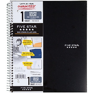 Five Star Spiral Notebook, Graph Ruled, 1 Subject, 8.5 x 11 Inches, 100 Sheets, Assorted Colors (06190), Pack Of 6