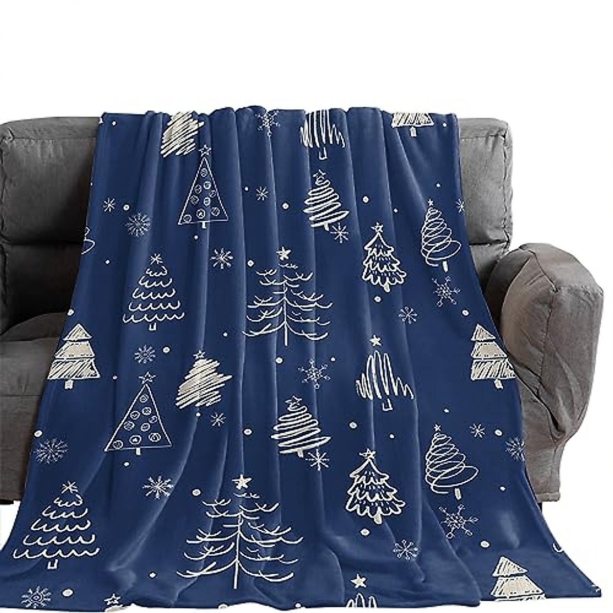 Throw Blanket- Geometric Xmas Tree Soft Warm Plush Fleece Bed Throw,50x60In Flannel Blankets Christmas Trees on Blue Bedding Throws for Women/Men Bedroom Living Room Office Decor Winter Snowflake