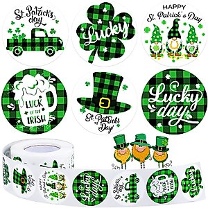 500 Pieces St. Patrick's Day Stickers Irish Shamrock Lucky Clover Stickers Round Irish Self Adhesive Tag Seals Labels for St. Patrick's Day Party Bags Boxes Wrap Cards Bottles Envelopes, 1.5 Inch