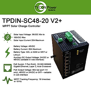Tycon Power Systems TPDIN-SC48-20 MPPT Solar Controller 48V 20A with 7 Port Gigabit Passive PoE Switch and 24/48V Auxiliary Output Voltage