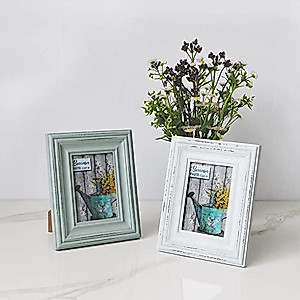 Buecasa Rustic 3.5x5 Inches Wooden Picture Frame Pack of 2 Vintage Cyan and White in Gift Box - Distressed Wood High Definition Glass Photo Frame Outside 6.1x7.7 Inches - 2 Way Display Tabletop or Wall Mount