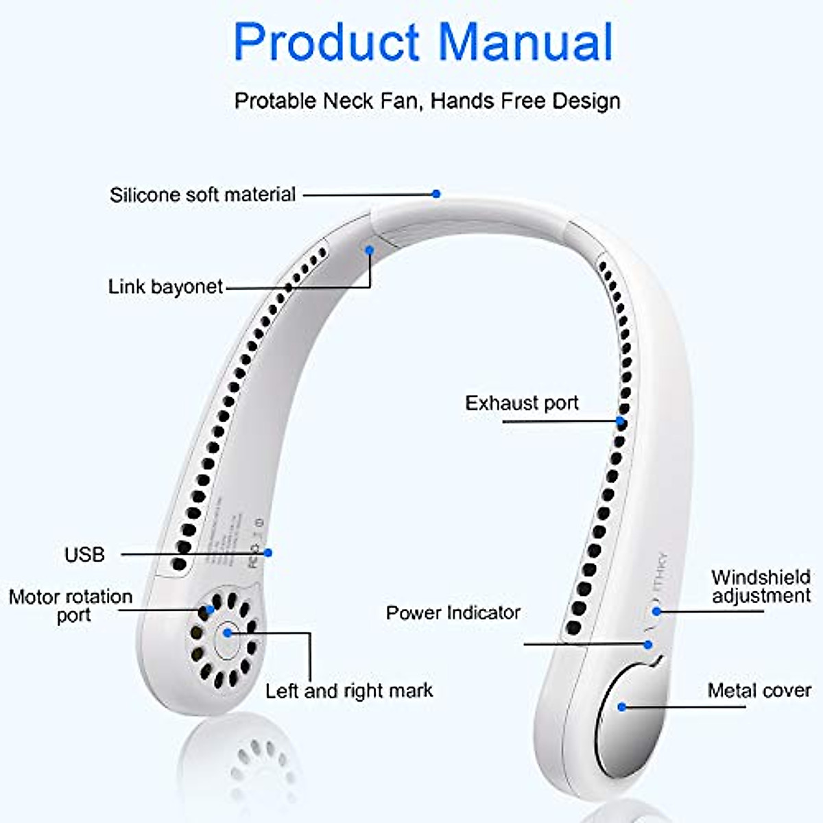 ITHKY Portable Neck Fan Hands Free Bladeless Neck Fan, 360° Cooling Hanging Fan, USB Rechargeable Personal Neck Fan, Headphone Design Neck Air Conditioner with 3 Wind Speed for Outdoor Indoor (White)