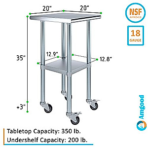 AmGood Stainless Steel Work Table with Casters | Work Station | Metal Utility Table On Wheels (Stainless Steel Work Table + Casters, 20" Long x 20" Deep)
