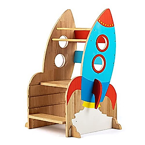 Max & Me Adorable Rocket Ship Toddler Kitchen Stool Helper, Adjustable Height Kitchen Stool for Toddlers. Safe Montessori Stool and Toddler Counter Stand Perfect for Learning and Baking