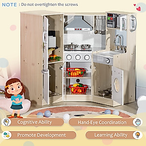 Qaba Ultra-Big Corner Kids Kitchen Playset with Sound Effects, Wooden Play Kitchen with Stainless Steel Cooking Toys, Imaginative Pretend Toy for Ages 3-6 with Phone, Ice Maker