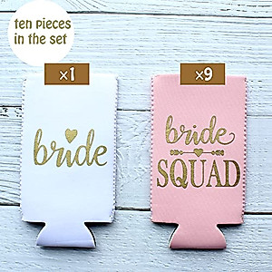 PartyGifts&Beyond 10Packs Bridemaids Can Cooler, Bride Squad Sleeve for Bachelorette Party Decoration(Pink), 14*9