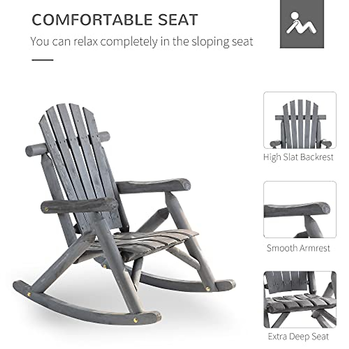 Outsunny Outdoor Wooden Rocking Chair, Rustic Adirondack Rocker with Slatted Seat, High Backrest, Armrests for Patio, Garden, and Porch, Small, Gray