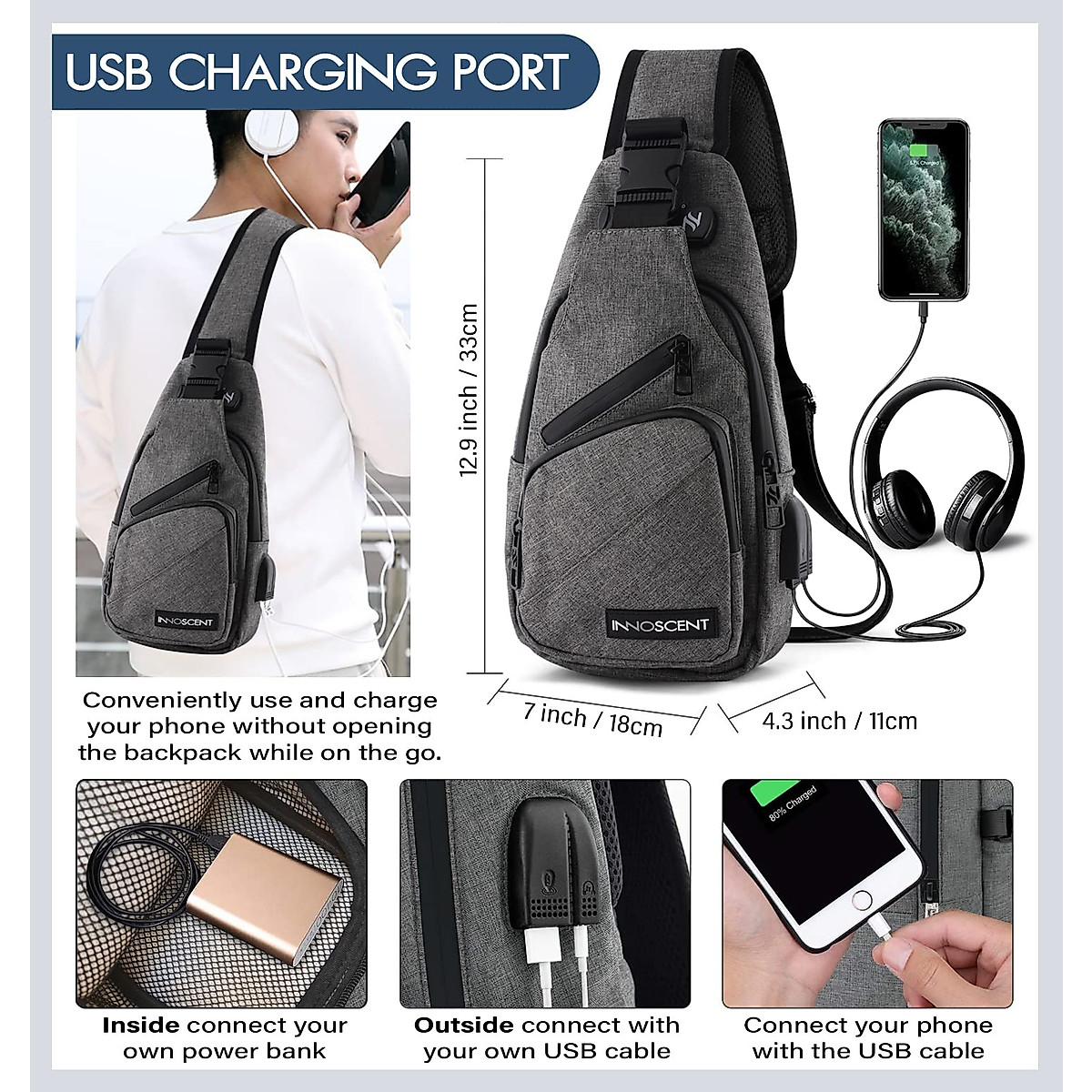 INNOSCENT Smell Proof Sling Bag Backpack - COMBINATION LOCK - Shoulder Crossbody Bag With USB/Headphone Charging Port Black (Light Grey)