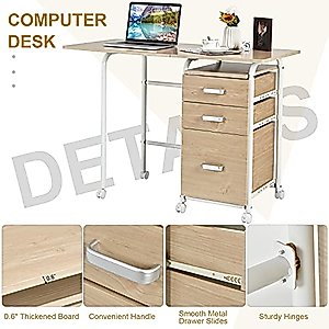 Tangkula Folding Computer Desk with 3 Storage Drawers, Mobile Home Office Desk Study Writing Desk with Smooth Wheels, Space Saving Compact Desk for Dorm Apartment, Rolling Folding Desk Table