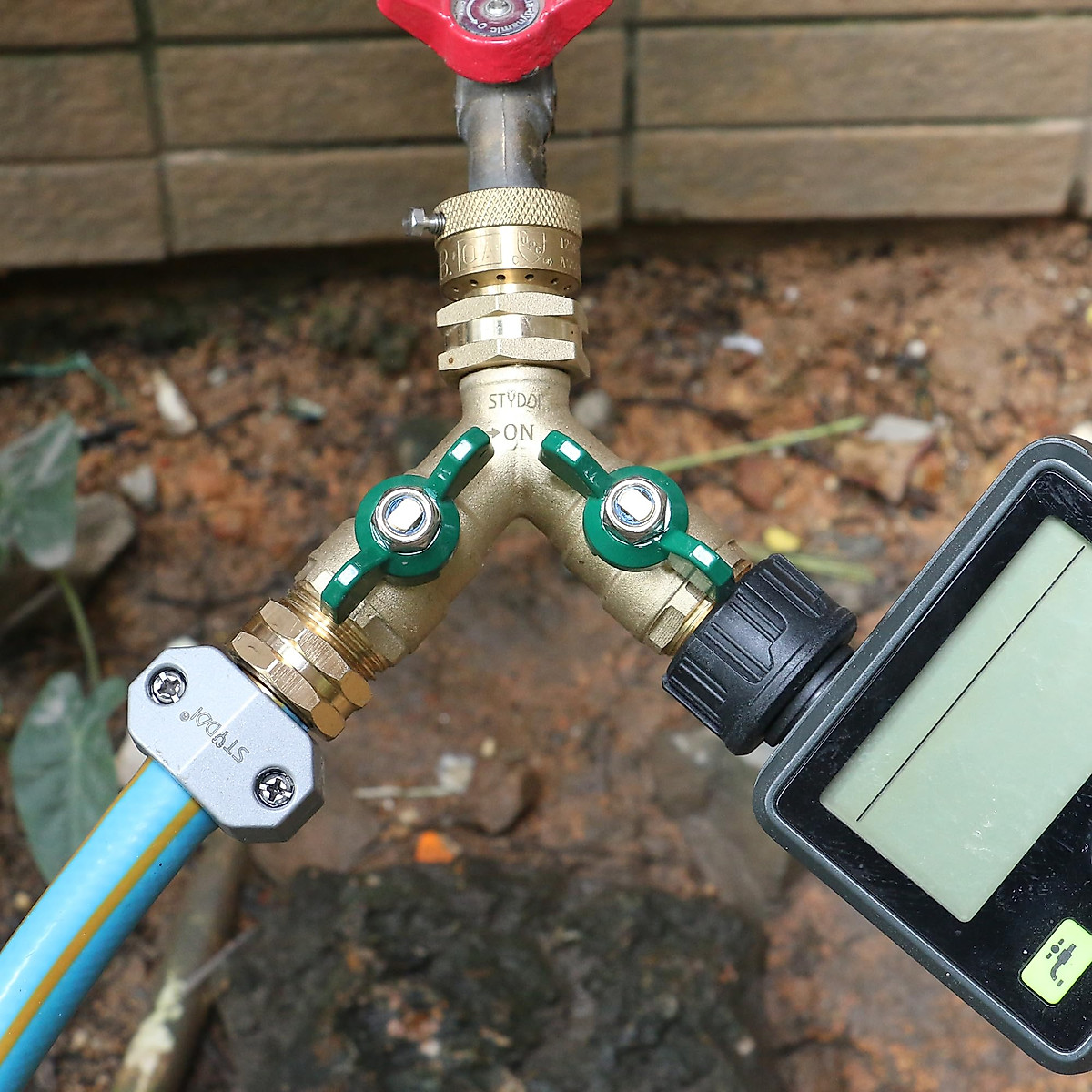 STYDDI Garden Hose Splitter Full Flow, Brass Heavy Duty Hose Splitter 2-Way High Flow, All Metal Hose Y Splitter with Shutoff, Outdoor Faucet Splitter Hose Connector, Water Hose Y Valve Tap Adapter