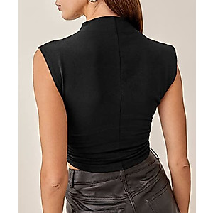 Lauweion Women Sleeveless Turtlenecks Crop Tops Ruched Slim Fit Solid Basic Casual Mock Neck Crop Tank Top Black