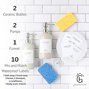 GraceHomewares Stoneware Ceramic Dish Soap Dispenser for Kitchen Sink | Kitchen Soap Dispenser Set | Soap Holder Bathroom Hand Soap Dispenser | Waterproof Labels | 2 Pack | Warm Grey w/Silver Pump