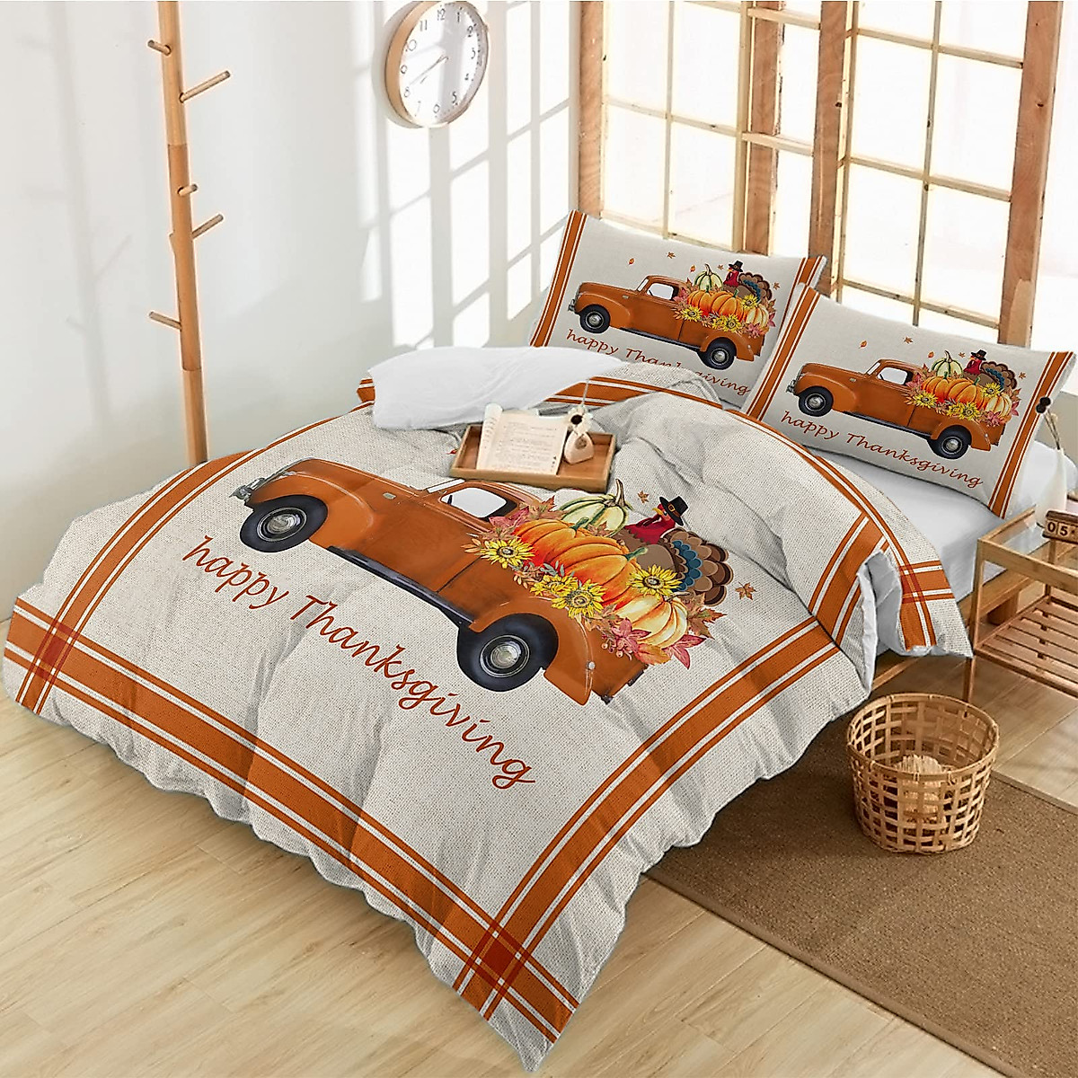 Autumn Orange Truck Queen Duvet Covers Farm Car Thanksgiving Turkey Pumpkins 3-Piece Bedding Sets Luxury Soft Microfiber Bed Comforter Protector with Pillow Cases for Women Men Girl Boy Orange Line
