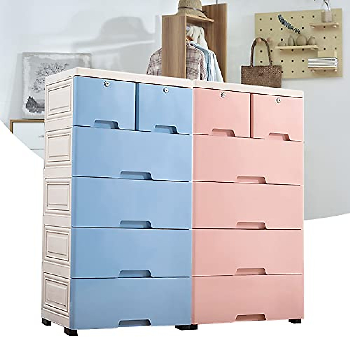 Fichiouy Modern 5/6 Drawers Tall Plastic Storage Cabinet (Pink)