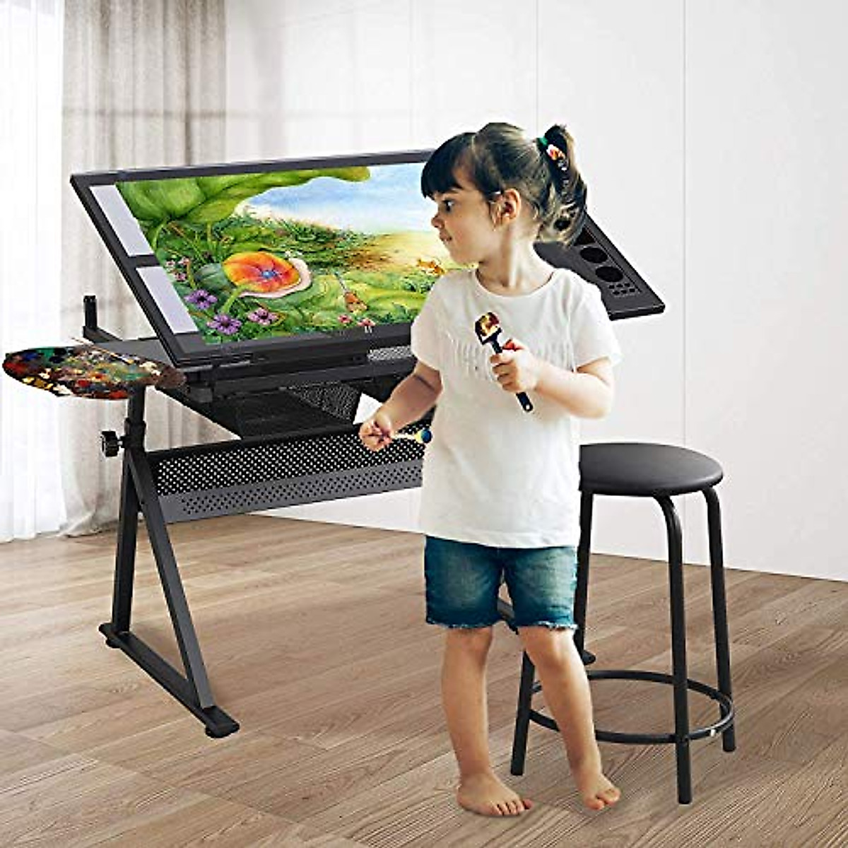 EESHHA Drawing Table Glass Drafting Table, Height Adjustable Drawing Desk with Stool, Tiltable Desk Art Table, Tempered Glass Top Painting Desk, Writing Table with 2 Drawers Beautiful Scenery