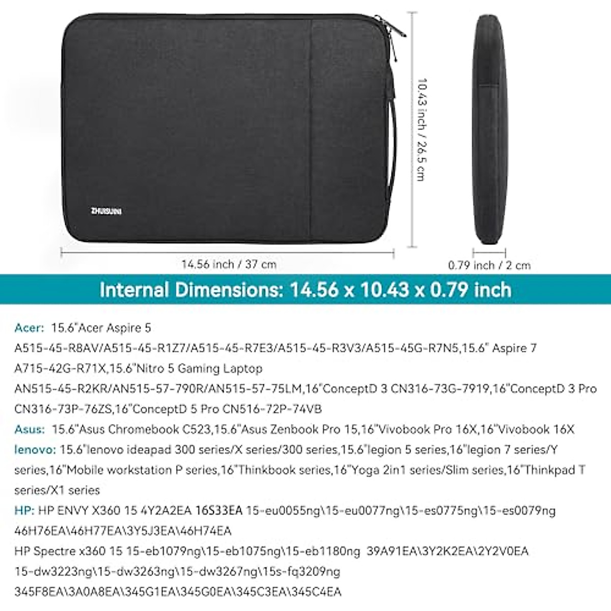 ZHUISUINI Laptop Case Sleeve 14 15 15.6 Inch Compatible with MacBook Air 15 inch M2 A2941 2023,for Most 15.6 Inch Hp Dell Acer Chromebook,Black