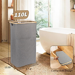 Guzon 100L Laundry Hamper with Lid, Clothes Hampers for Laundry with Bamboo Handles，Large Laundry Basket with Removable Inner Bags for Bedroom, Bathroom and Laundry Room, Dirty Clothes Basket, Grey