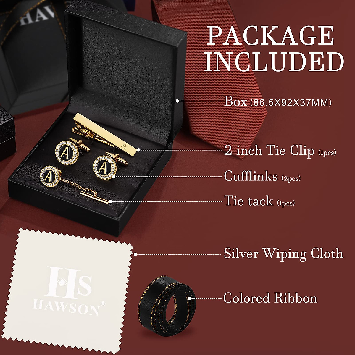 HAWSON Tie Clips for Men, Cufflinks for Men, Tie Tack & Lapel pins for Men, Suitable for Neckties and French Cuff or Dress Shirt Suits, Jewelry Box Packed, Initials Designed