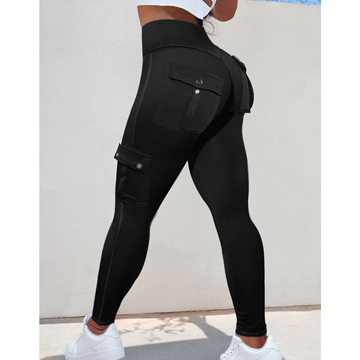 Flamingals Butt Lifting Leggings with Flap Pockets Workout Cargo Leggings for Women Black S