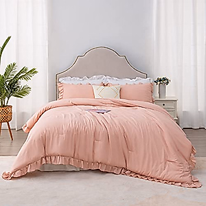 Litanika Full Size Comforter Sets, 3 Pieces Blush Pink Ruffle Girls Women Cute Bedding Comforters & Sets, Lightweight Fluffy Microfiber as Gift (79x90In Comforter & 2 Pillowcases)