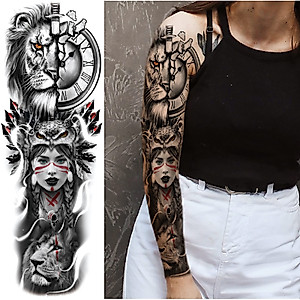 Briyhose Lion Wolf Temporary Tattoo Sleeve, Large Full Arm Animal Tribal Fake Tattoos Sleeve For Men Women Adult, Long Lasting Black Arm Temp Tatoo Sticker Leg Body Art Makeup, 4-Sheet