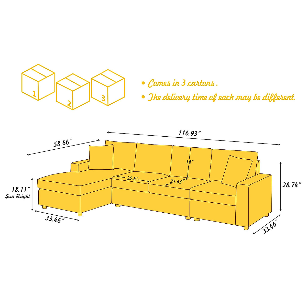 VANOMi 116'' Faux Leather Sectional Sofa, L-Shaped Five-Seat Living Room Sofa Couch, Chaise Longue on The Left, Light Brown