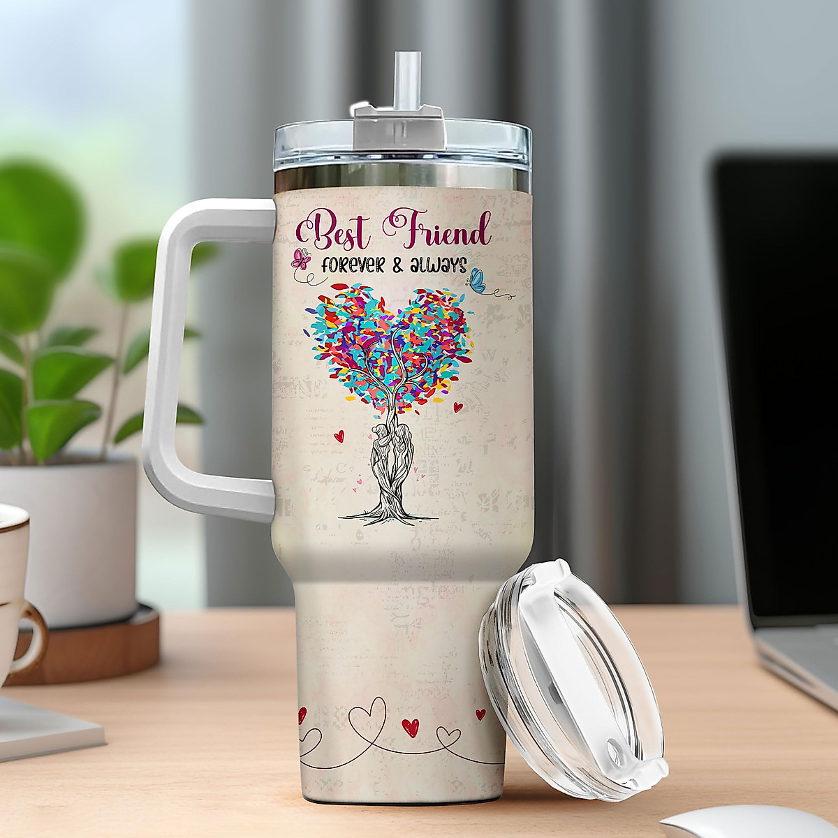 99WHALE Tumbler 40 Oz With Handle Lid And Straw, Butterfly Funny Handle For Steel Stainless Coffee Women Yellow Heart Tumblers Cups Friends, Best Friend Tree Colorful