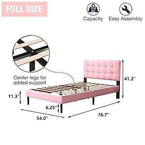 Daznzn Full Size Upholstered Platform Bed Frame, Velvet Bed Frame with Stitched Headboard and Strong Wooden Slat Support, Easy Assembly, No Box Spring Needed, Non-Slip and Noise-Free, Pink