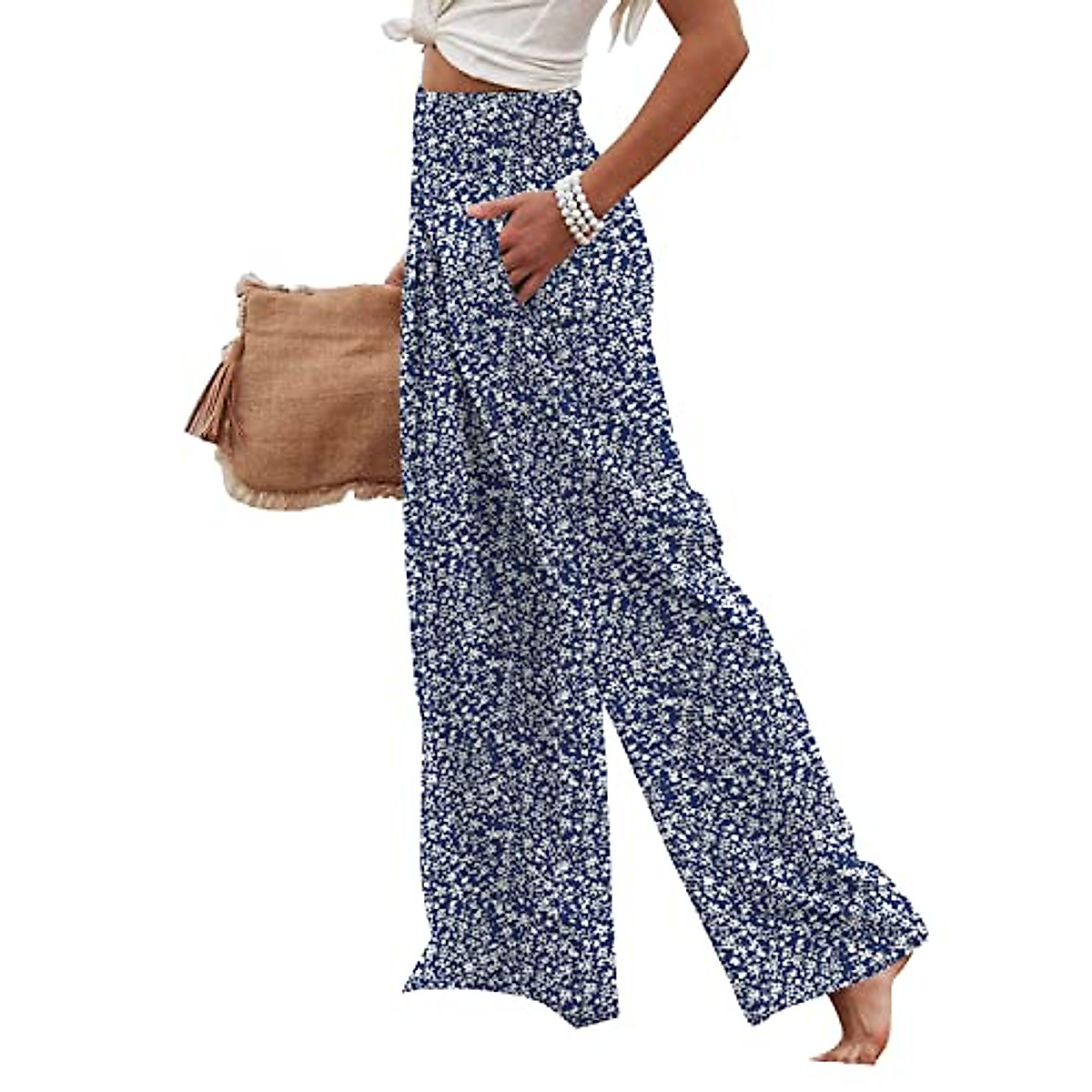 JASPAL Women Casual High Waisted Palazzo Pants Wide Leg Long Lounge Trendy Trousers with Pocket-L-Blue White Flower