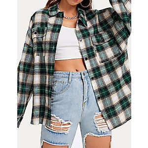 Lumister Womens' Spring Oversized Flannel Plaid Shirt Long Sleeve Drop Shoulder Lapel Button Down Shirt Blouse Tops(0075-Olive-L)