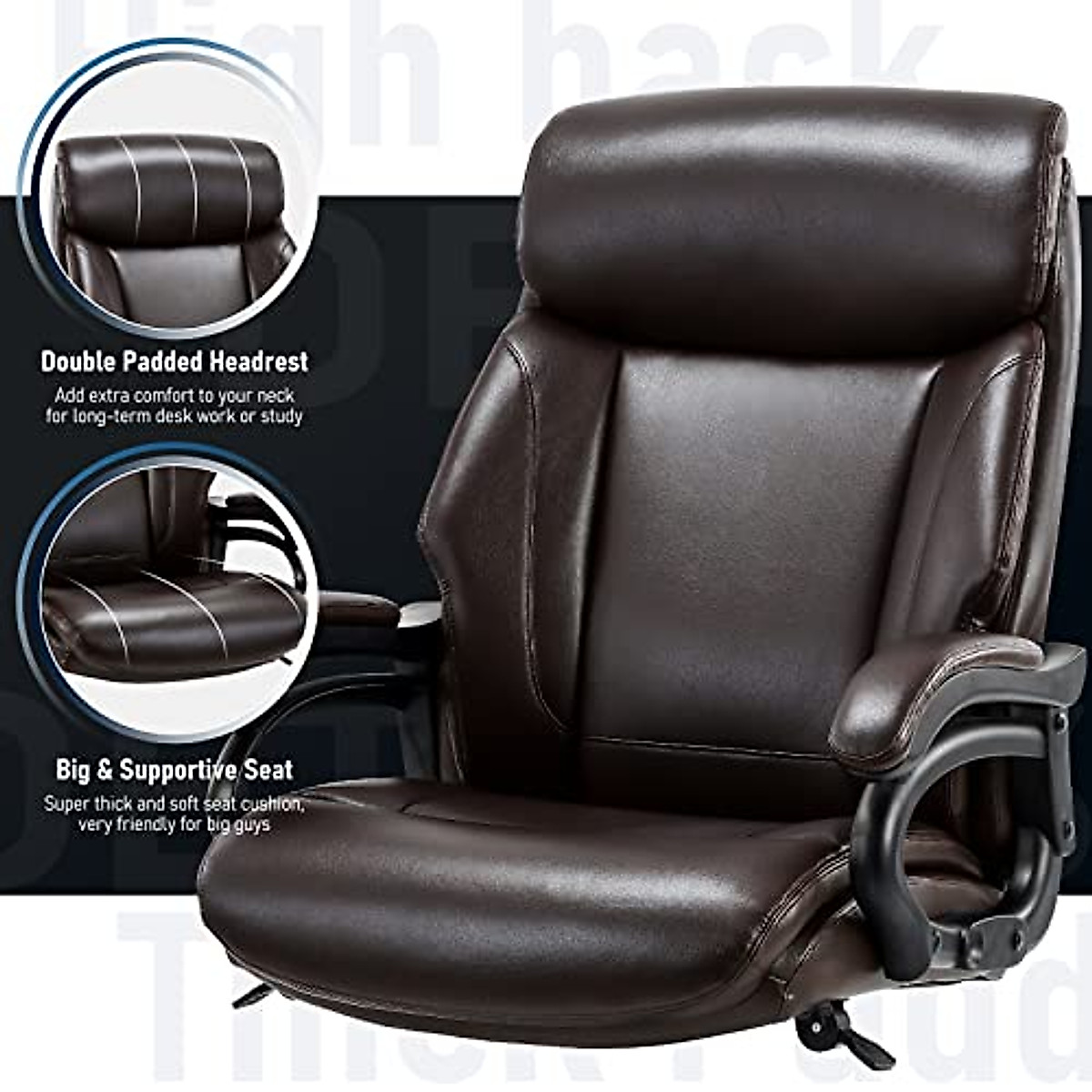 Big and Tall Office Chair 400lbs-Heavy Duty Executive Desk Chair, High Back Ergonomic Leather Computer Chair with Padded Armrests for Heavy People-Brown