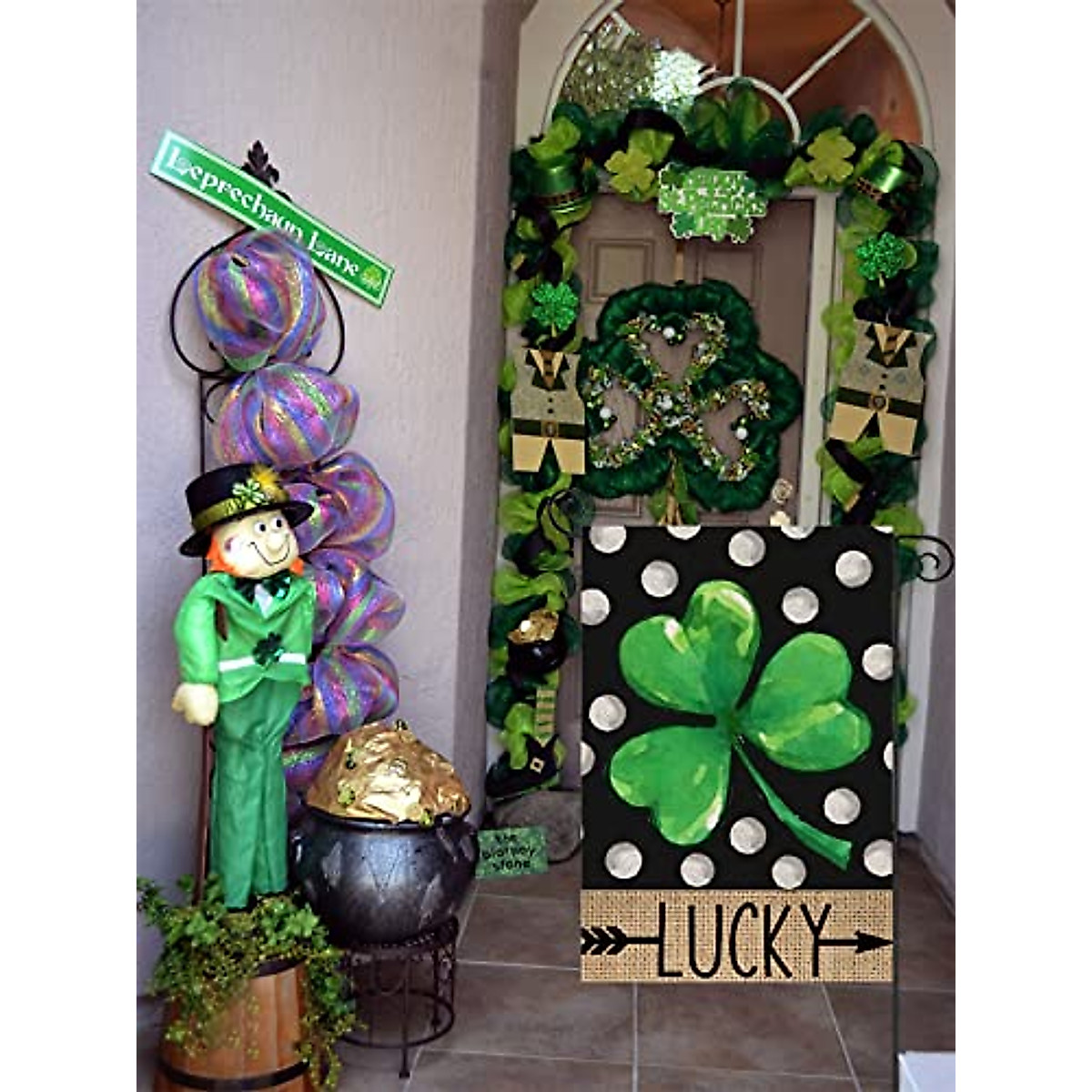 St Patrick's Day Lucky Shamrock Garden Flag for Outdoor,Shamrock with White Dots Small Yard Flag,Spring Saint Patrick Decors for Outside Holiday 12x18 Double Sided