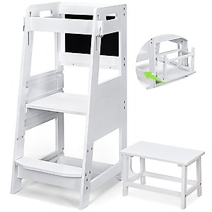 TOETOL Bamboo Toddler Step Stool White Kitchen Counter Learning Helper Standing Tower Ktchen Stool for Toddler 3 Height Adjustable with Chalkboard Message Boards, Small Step Stool, Non-Slip Mat