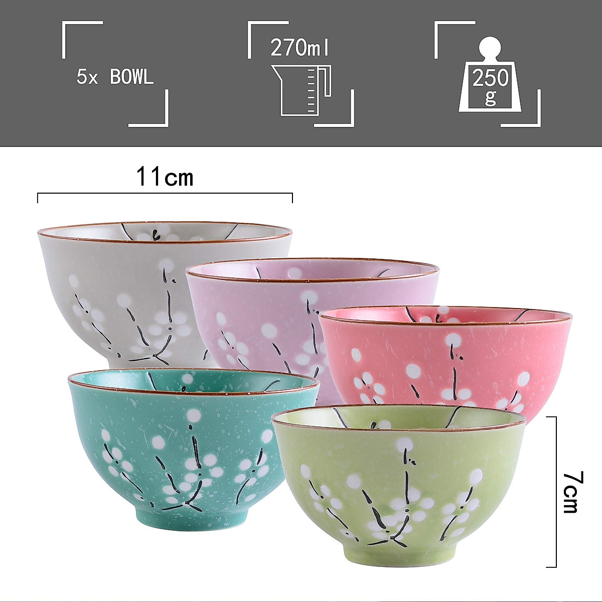 Panbado 5 Pcs Ceramic Bowls Set, 330ml Japanese Style Porcelain Bowls, 5 Colors Rice Bowl Set With White Cherry Blossom Pattern For Dessert Snack Cereal Soup