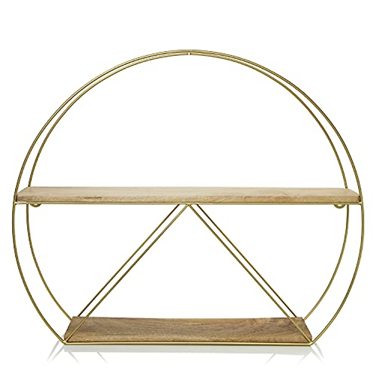 kimisty Gold Round Wall Shelves, Large Circular Floating Shelf for Bathroom, Living Room, Kitchen and Bedroom, Brass Geometric Wall Decor, Metal Sconce Shelf with Mango Wood, Boho Accent Display