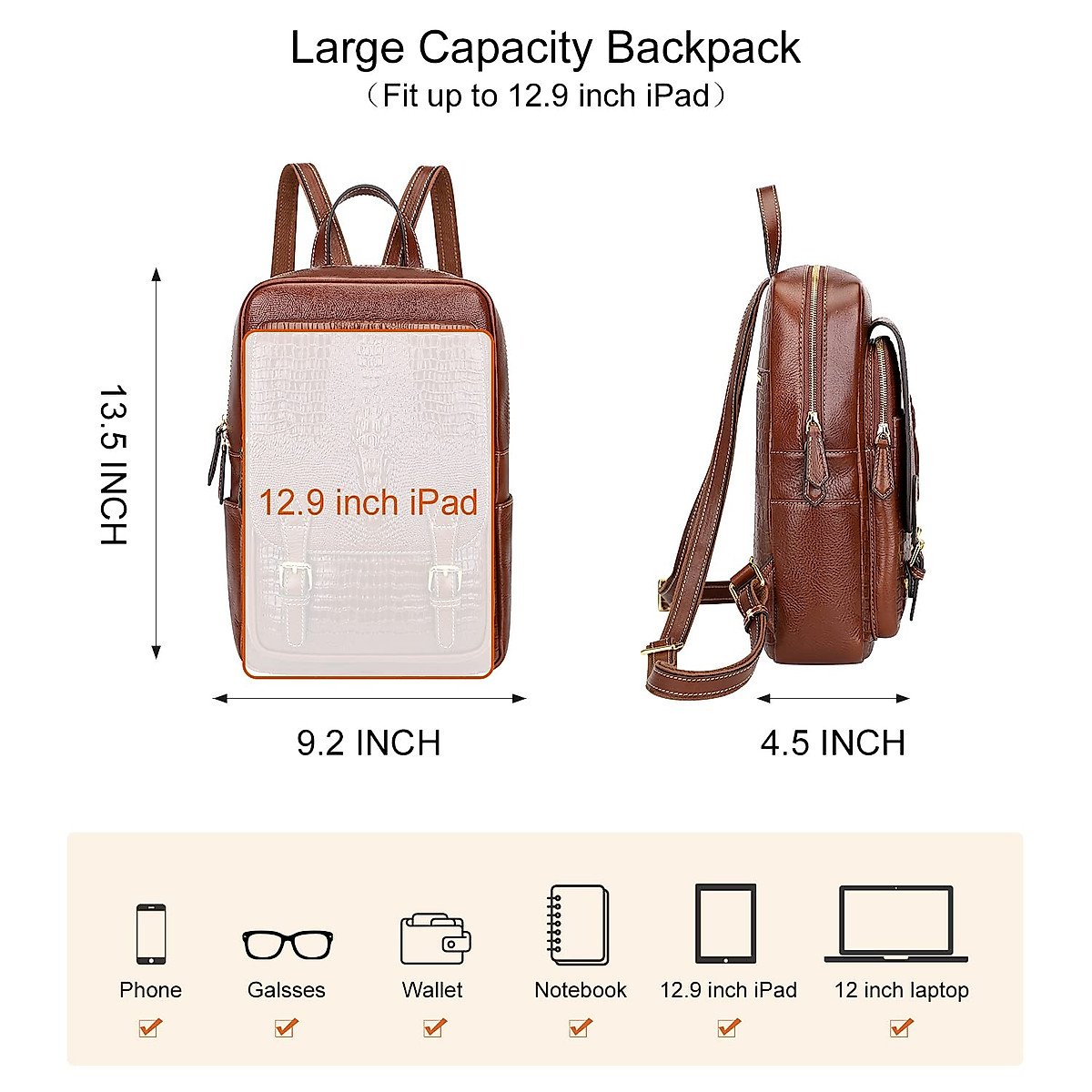 PIJUSHI Crocodile Leather Backpack Purse for Women Men Leather Rucksack with Flap (66511 Brown)