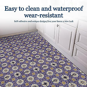 Poipi Peel and Stick Tile Waterproof for Bathroom, Vinyl Flooring Easy to Clean for Kitchen, Self Adhesive Floor Tile for Room Decor Bedroom (Blue, 10 Pieces)