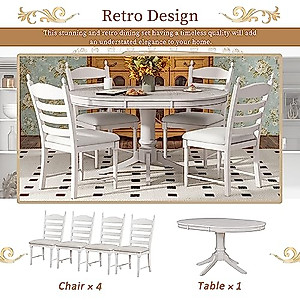 HAUSHECK Round 4-Extendable Table and Upholstered Chairs, Soft Padded Cushion, Modern Multifunctional Rustic Style Home Furniture, 5-Pieces Kitchen & Dining Room Sets, Antique White