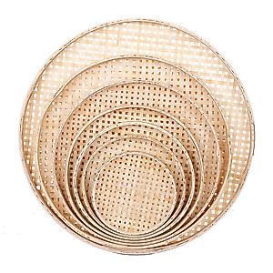100% Handwoven Flat Wicker Round Fruit Basket Woven Food Storage Weaved Shallow Tray Organizer Holder Bowl Decorative Rack Display Kids DIY Drawing Board (Sqaure Hollow-Bamboo White, 18cm/7")