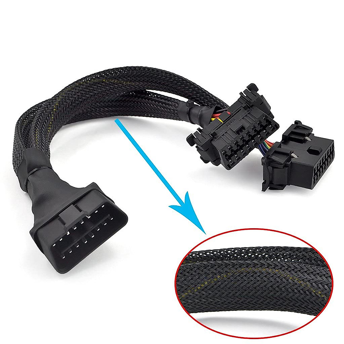 iKKEGOL 30cm 16 Pin OBD2 OBDII J1962 Y Cable Cord Splitter Extension 1x Male to 2X Female Braid Connector 12"